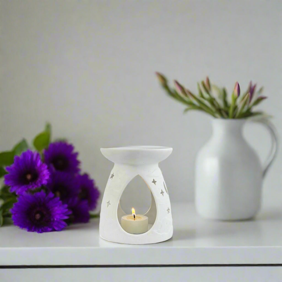White Porcelain Tealight Burner - Moon & Stars – The Violet Wick
